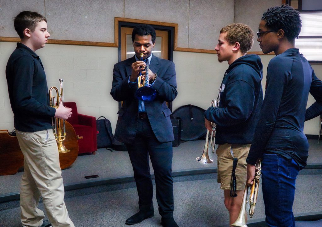Peer-to-Peer Sextet trumpeter Stéphane Clément (second from left) works ... Peer-to-Peer Sextet trumpeter Stéphane Clément (second from left) works ...